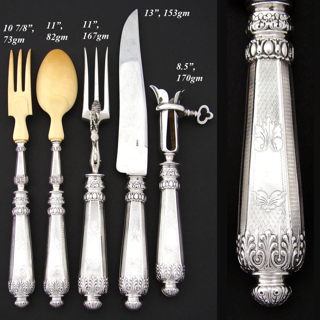 Antique French Sterling Silver 5pc Meat Carving & Salad Serving Set, O ...