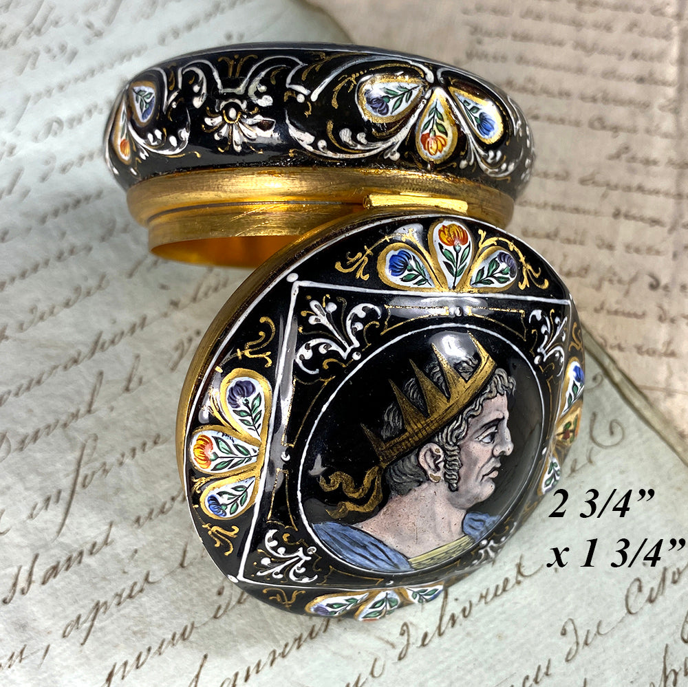 Antique French Limoges Enamel Snuff or Patch Box, Portrait Miniature o ...