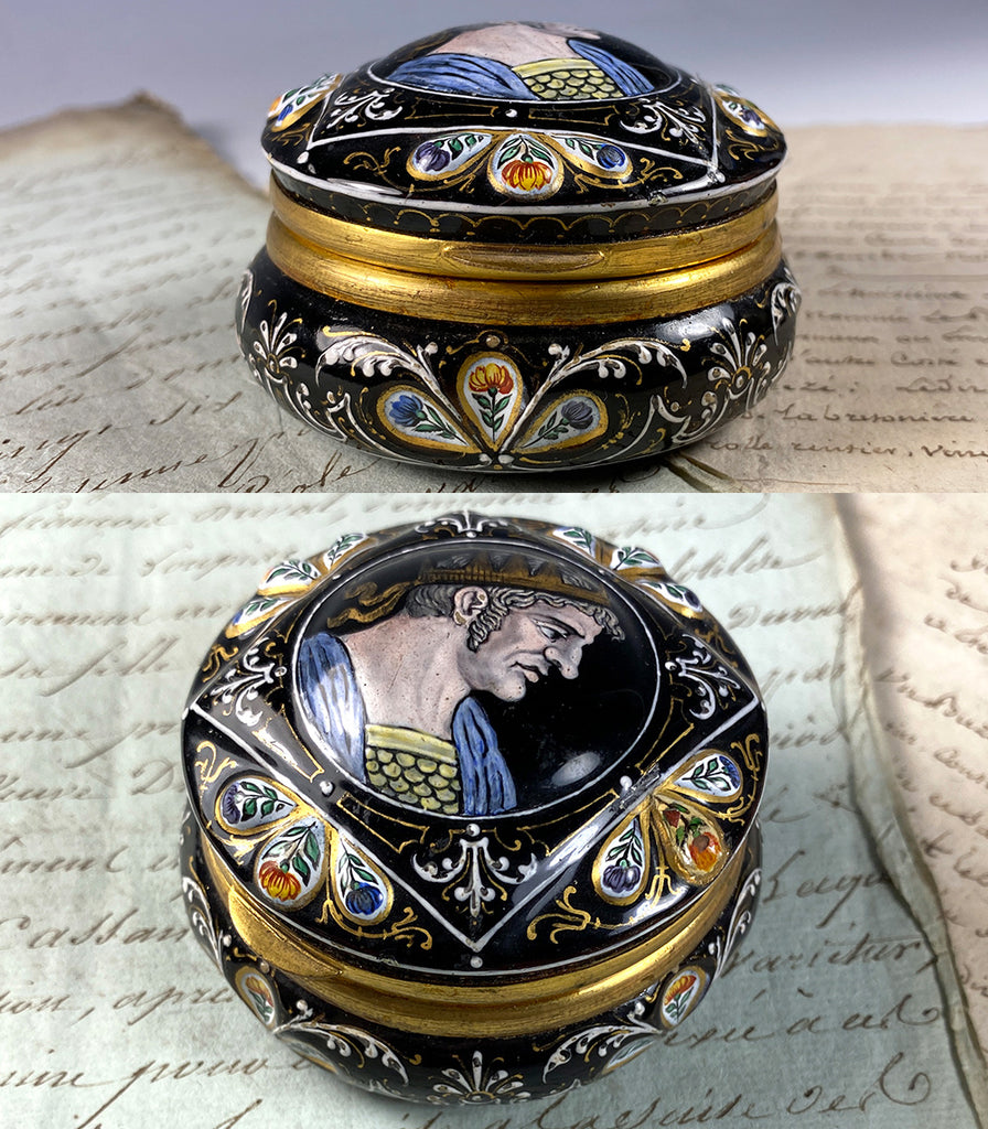 Antique French Limoges Enamel Snuff or Patch Box, Portrait Miniature o ...