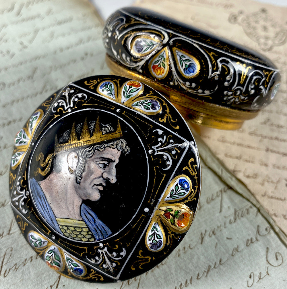 Antique French Limoges Enamel Snuff or Patch Box, Portrait Miniature o ...