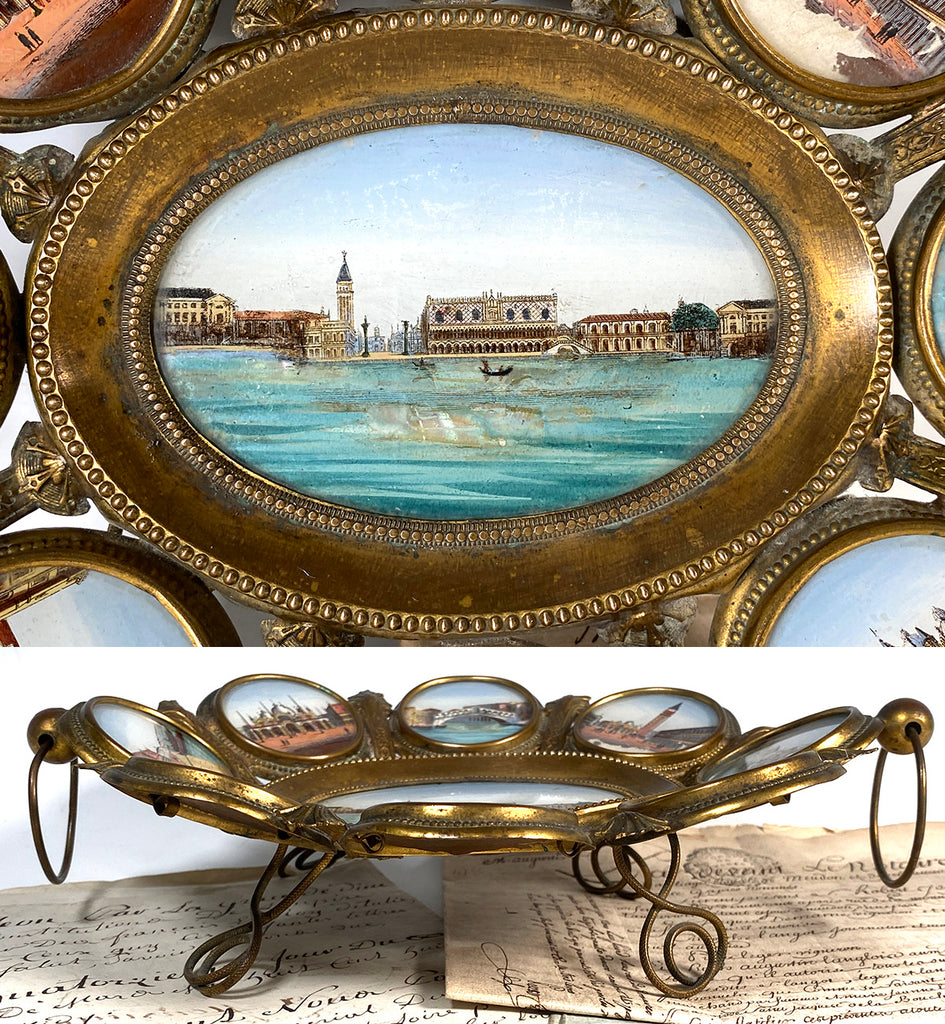Antique French Eglomise 10" Calling Card Tray, 9 Views of Venice Grand ...