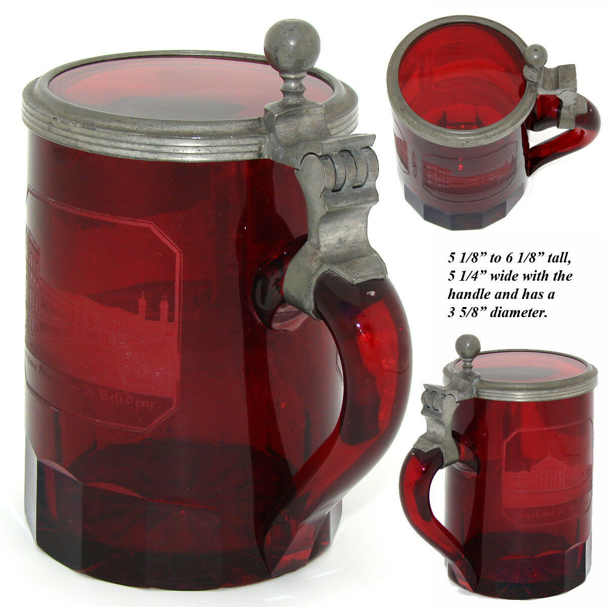 Rare Antique Bohemian Ruby Glass 16oz Beer Stein, 3 Architectural Spa ...