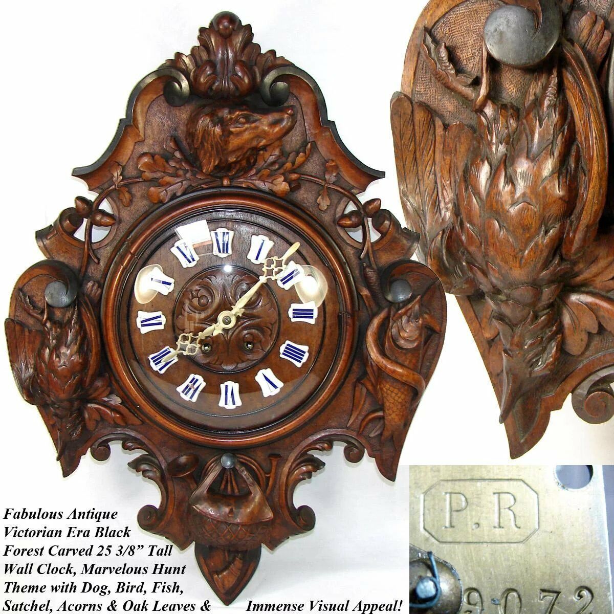 Antique Victorian Era Black Forest Carved 25" Wall or Parlor Clock, Hu ...