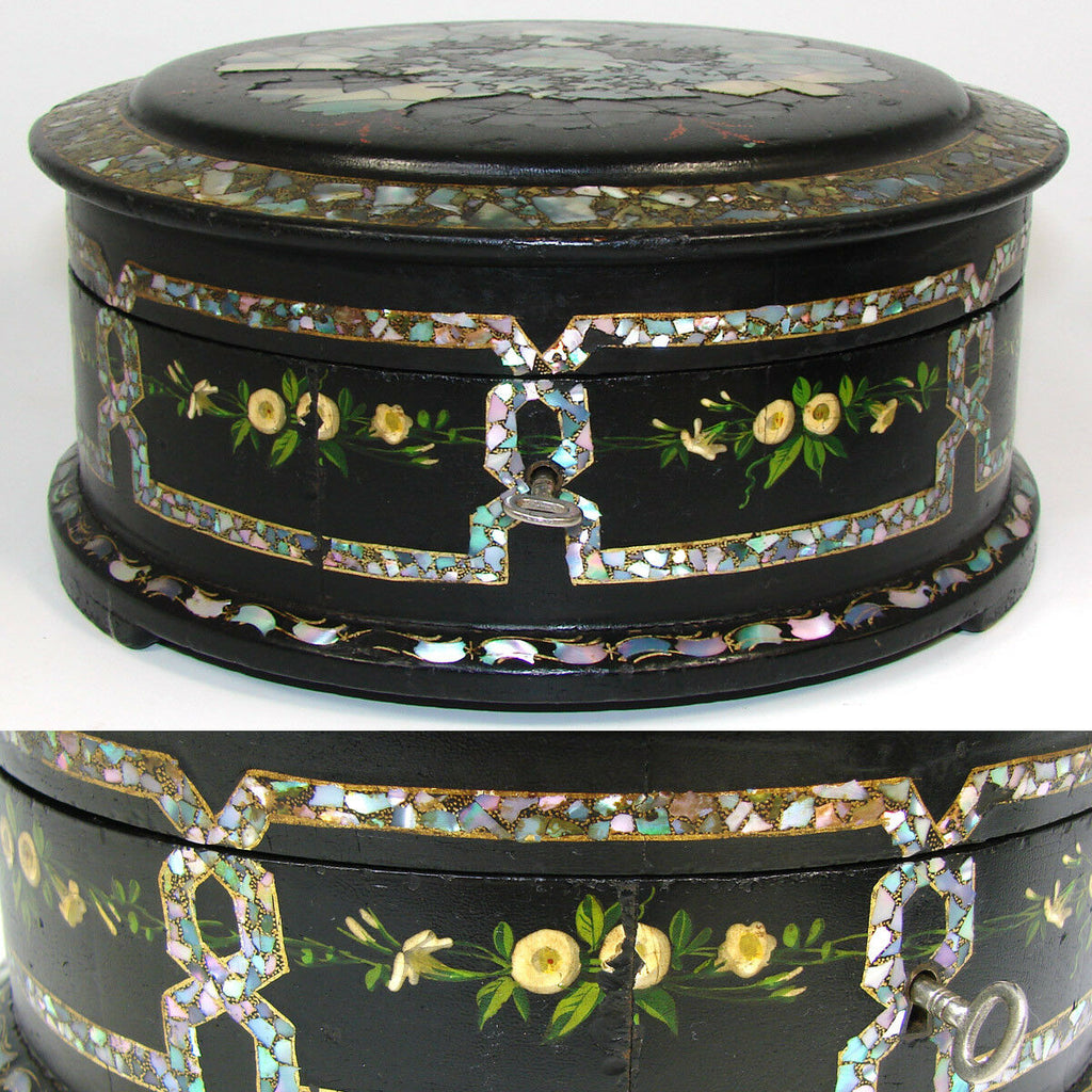 RARE Antique Russian Marked Papier Mache 8" Round Box, Casket, Painted ...