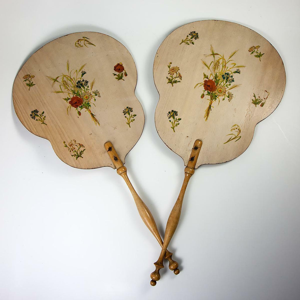 Antique French Pair Victorian Face Screens, Florals on Wood, Turned Wo ...