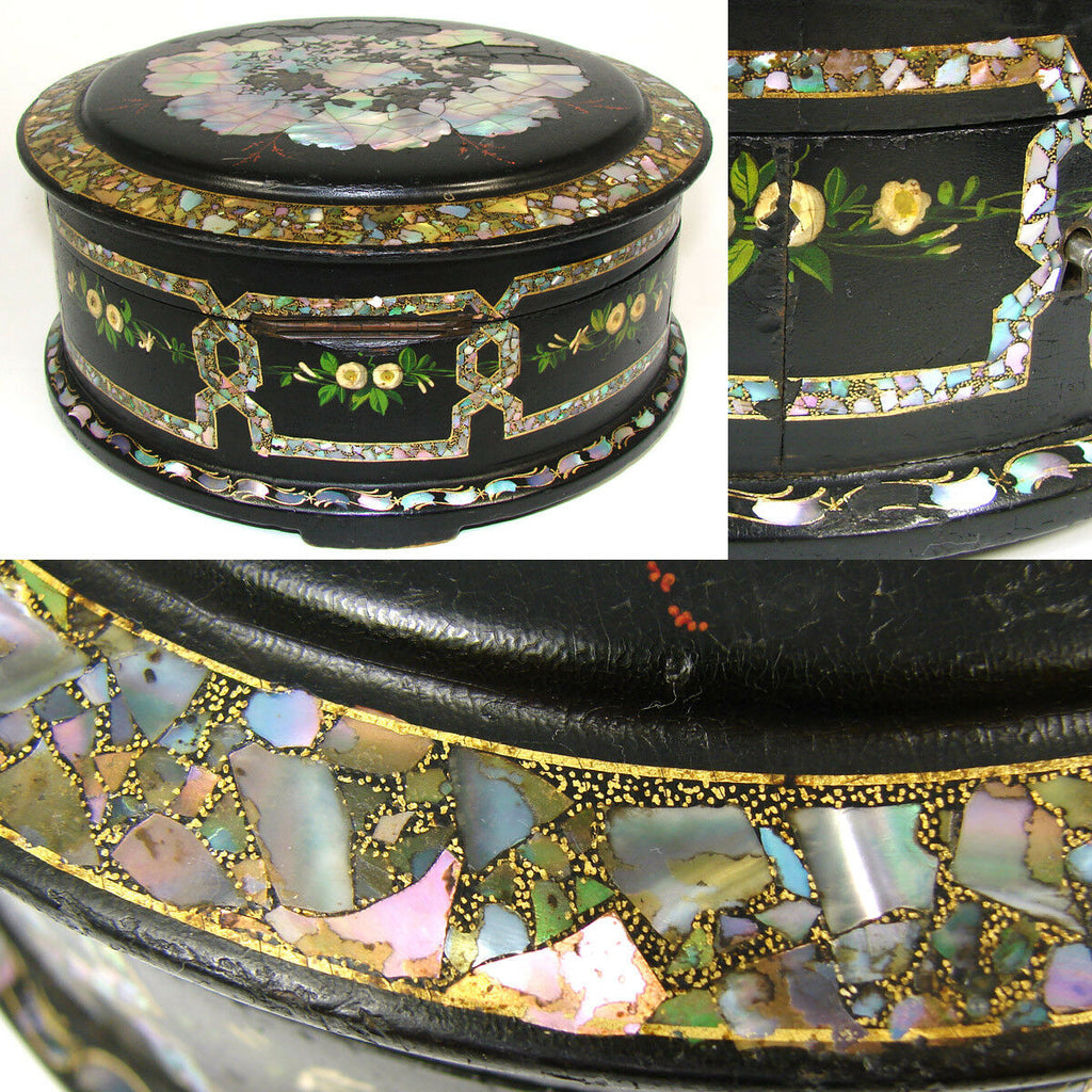 RARE Antique Russian Marked Papier Mache 8" Round Box, Casket, Painted ...