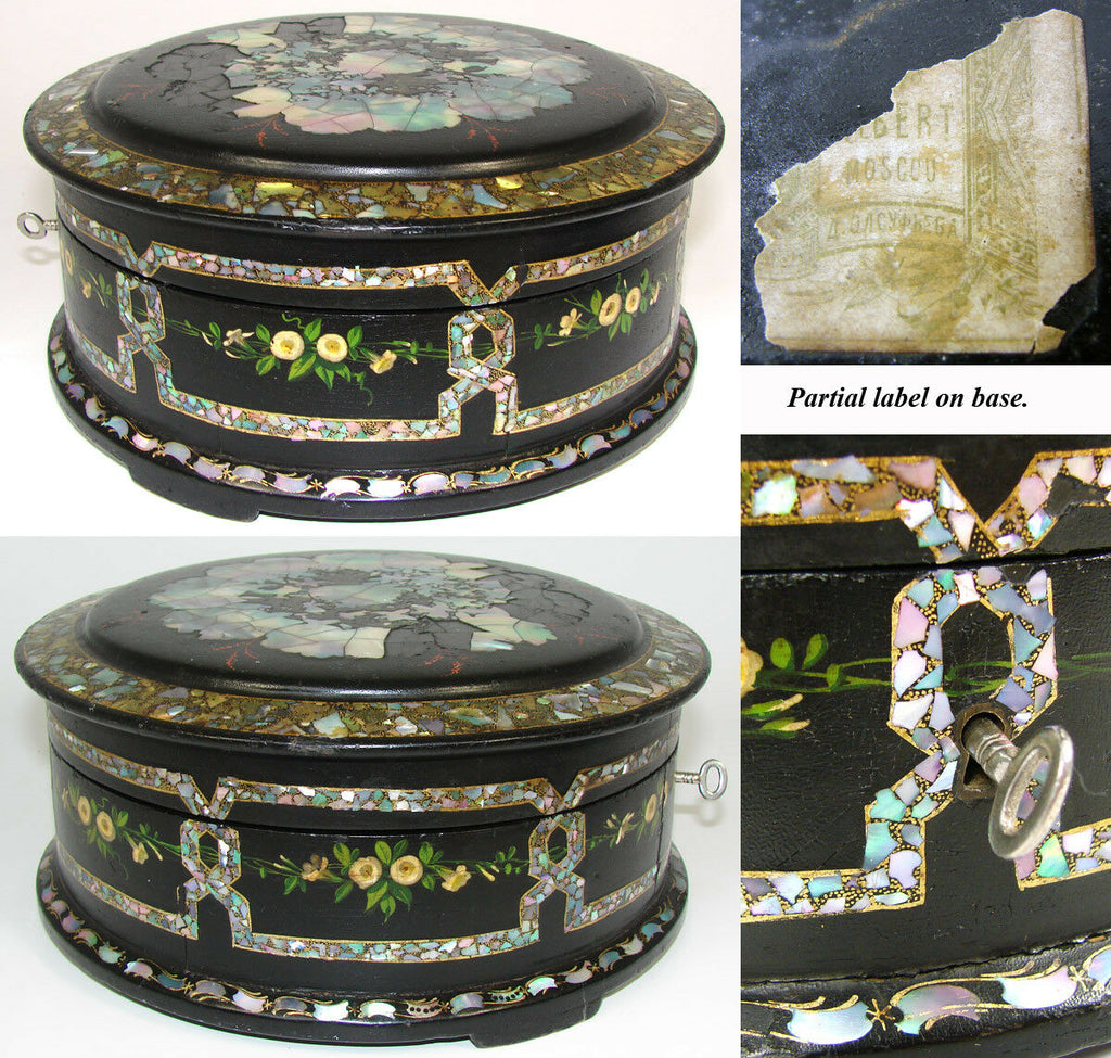 RARE Antique Russian Marked Papier Mache 8" Round Box, Casket, Painted ...