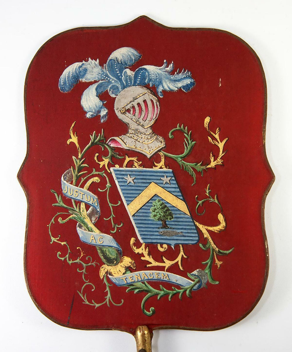 Hand Painted Antique French Silk Heraldry Face Screen Pair, (2), Knigh ...