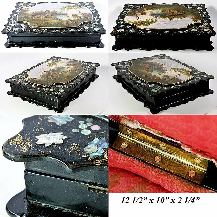 Antique Victorian Era 12" Jewelry or Work Box, Gorgeous Hand Painted C ...