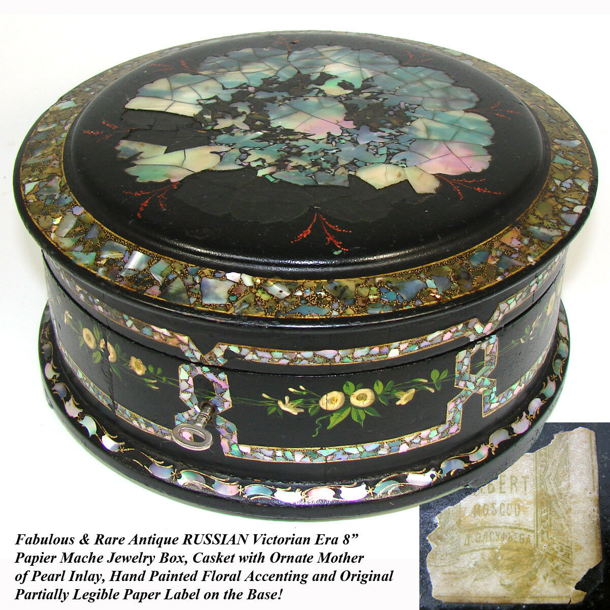 RARE Antique Russian Marked Papier Mache 8" Round Box, Casket, Painted ...