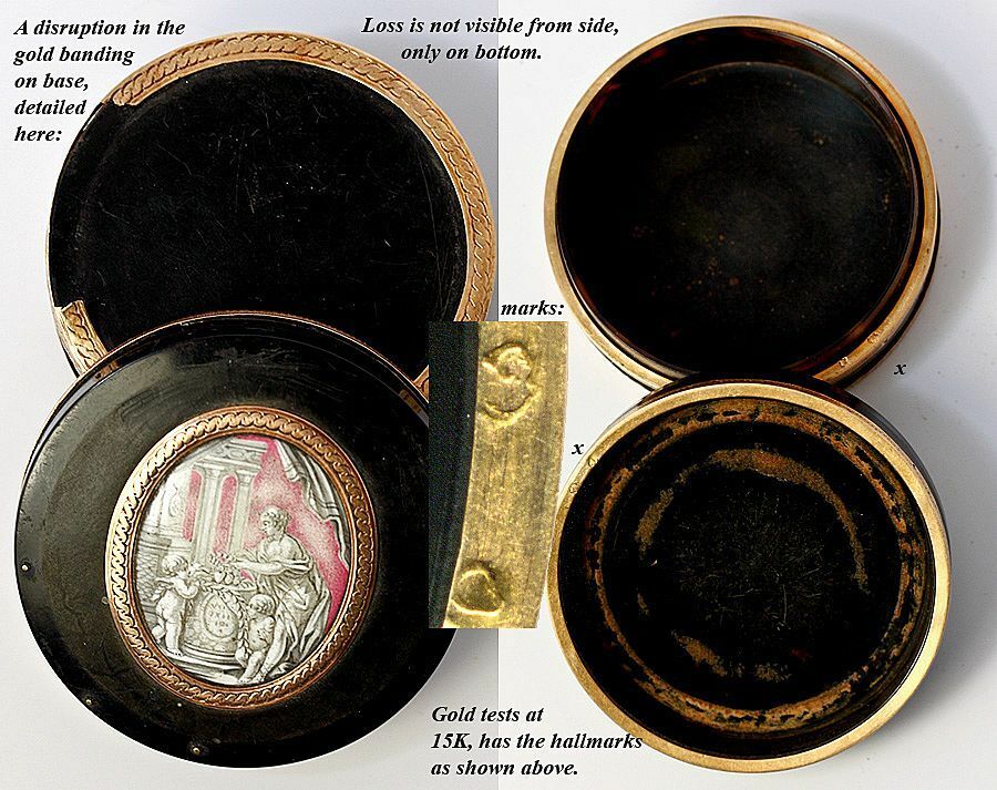 Antique Snuff Box, Grisaille Enamel Plaque, 15K Gold, Cupid, Hallmarks ...