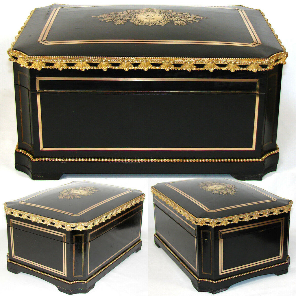 LG Antique French 14.5" Jewelry or Sewing Chest, Boulle, Crown Monogra ...