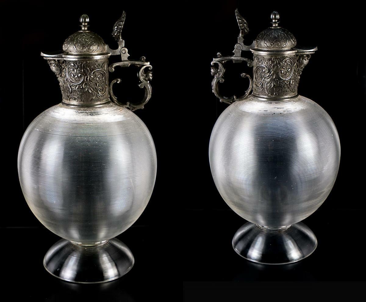 Antique French Thread Glass Claret Jug, 10" Tall, Etain, Bas Relief Li ...