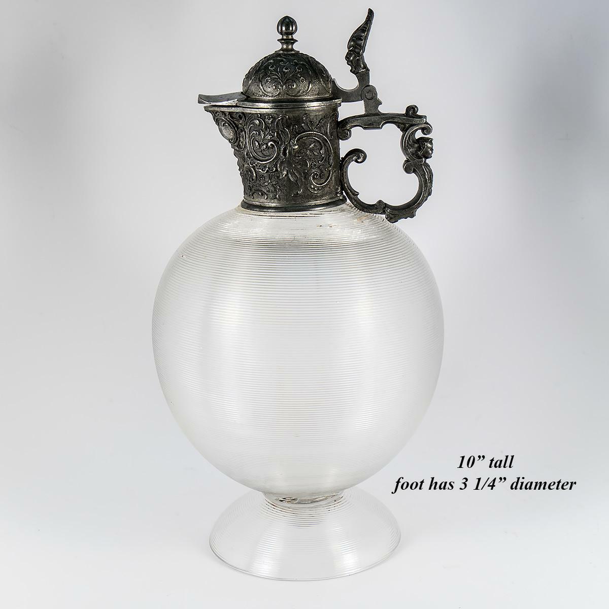 Antique French Thread Glass Claret Jug, 10" Tall, Etain, Bas Relief Li ...