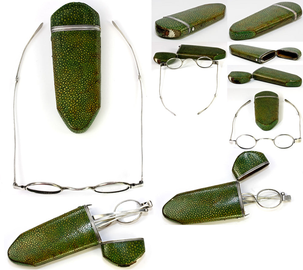 RARE Antique Georgian English Sterling Silver Spectacles in Fine Shagr ...