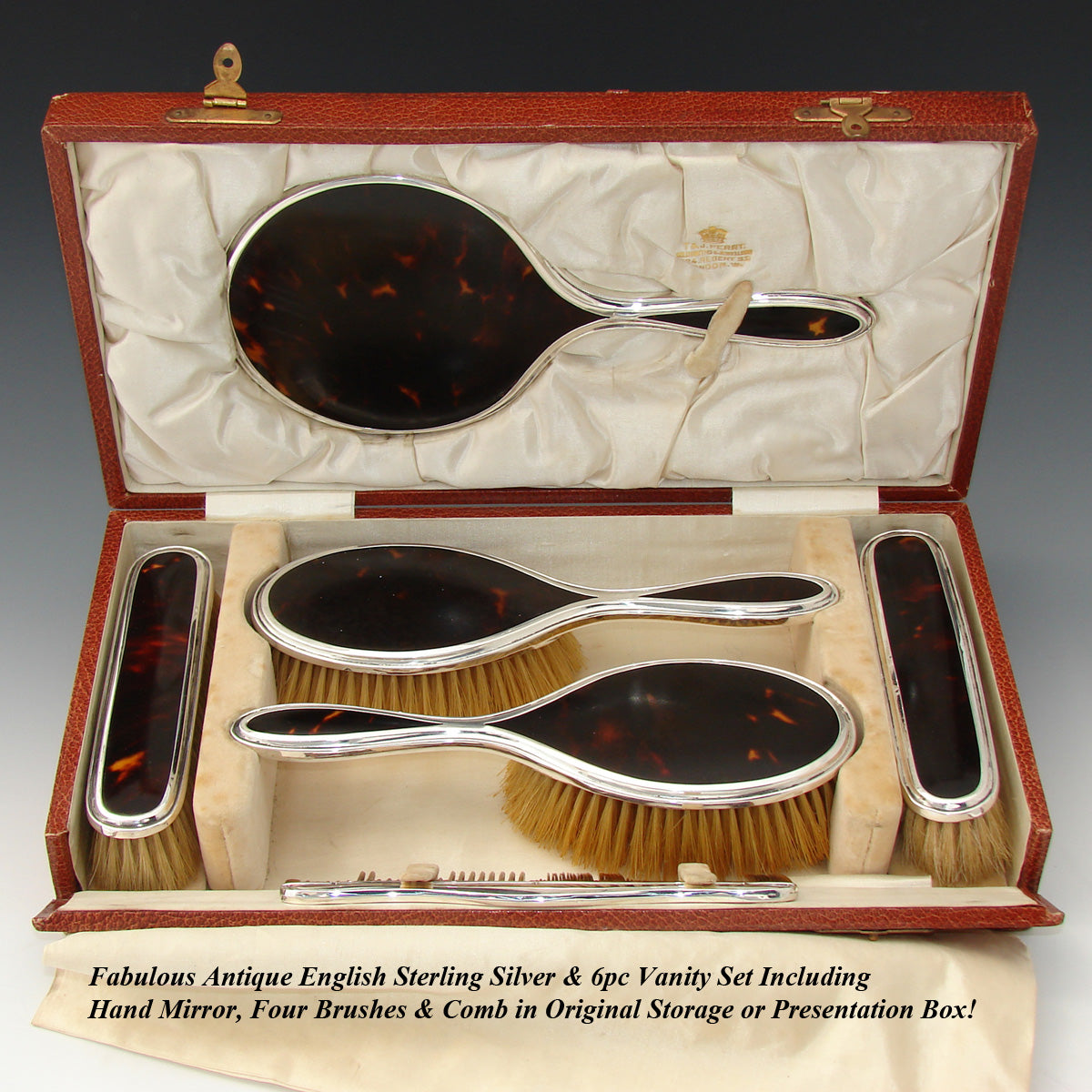 Superb Antique Tortoise Shell and Sterling Silver Vanity Set, Boxed! C ...