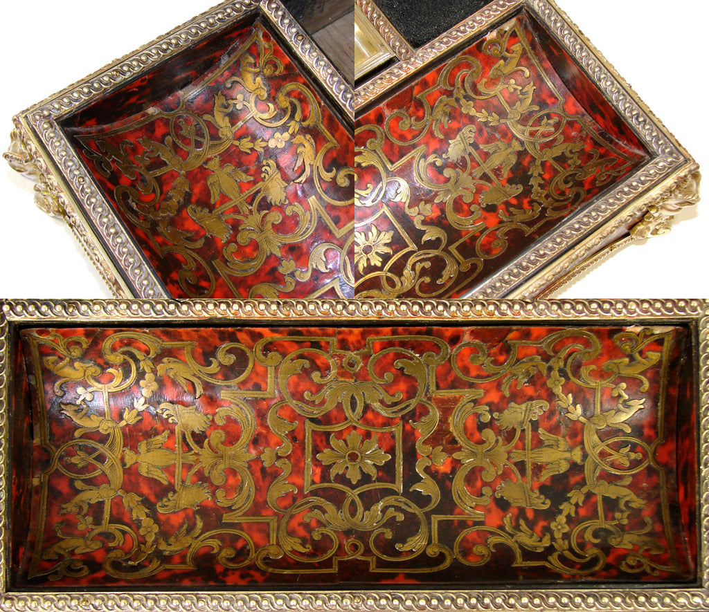 Antique Napoleon III Boulle Inlay 12" Double Inkwell, Figural Inlay, B ...