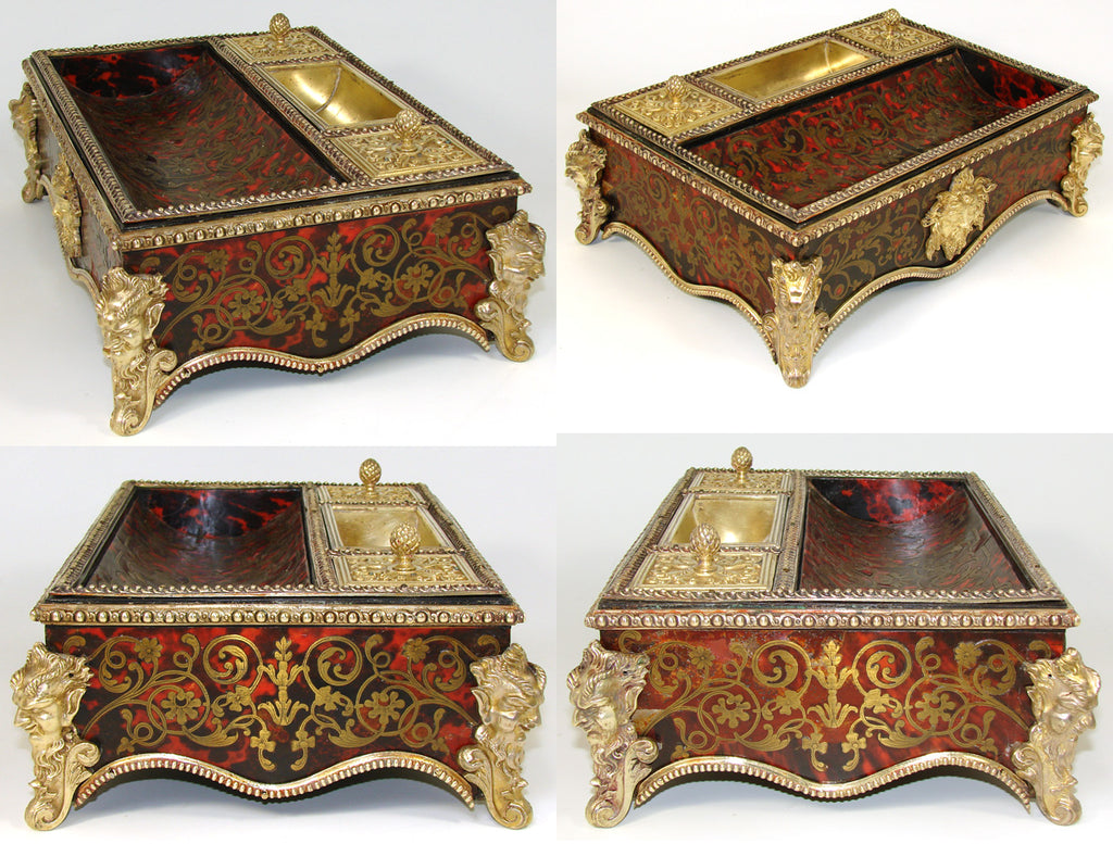 Antique Napoleon III Boulle Inlay 12" Double Inkwell, Figural Inlay, B ...