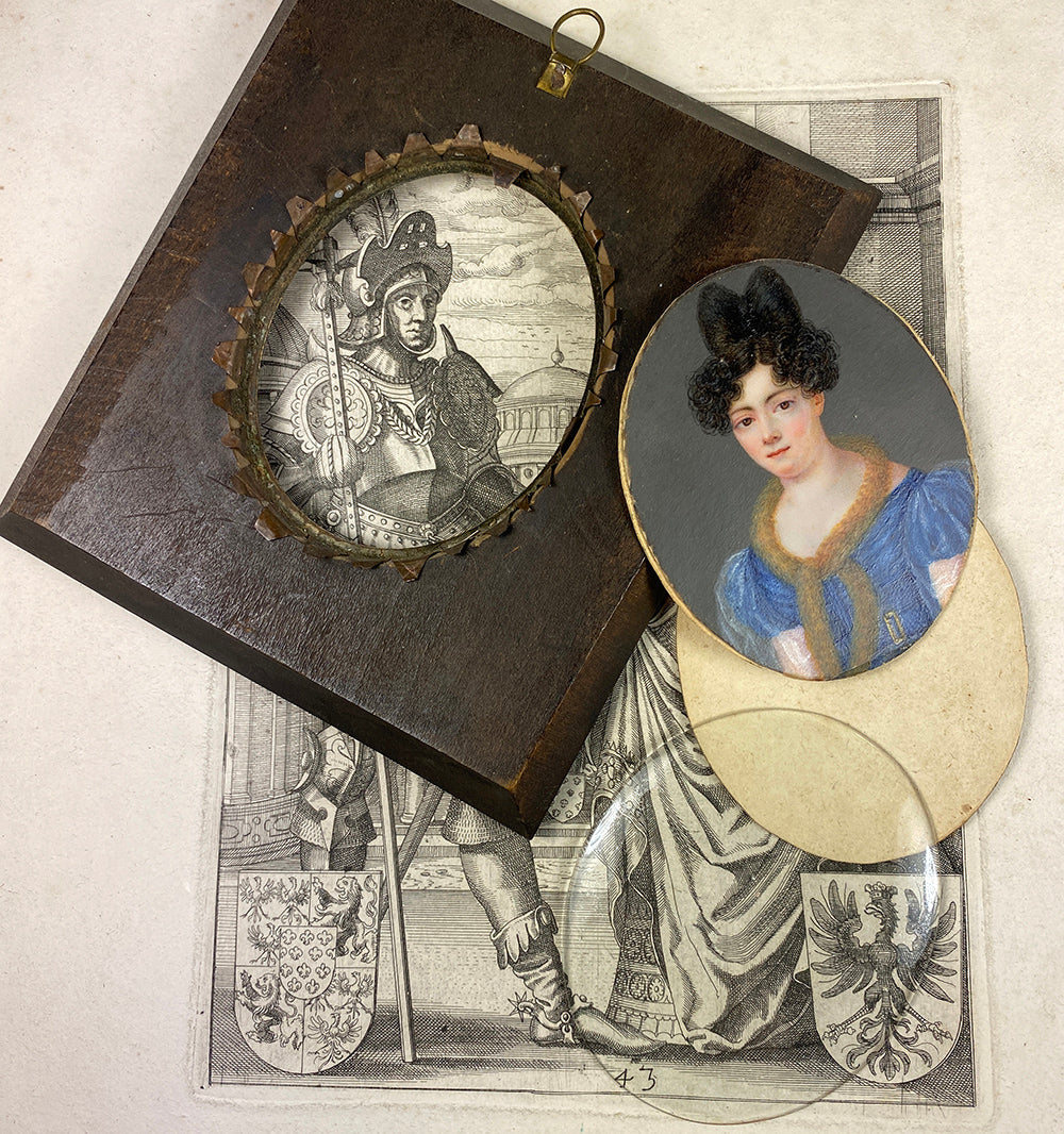 Elegant c.1830s Antique French Portrait Miniature in Frame, Fur Boa, R ...