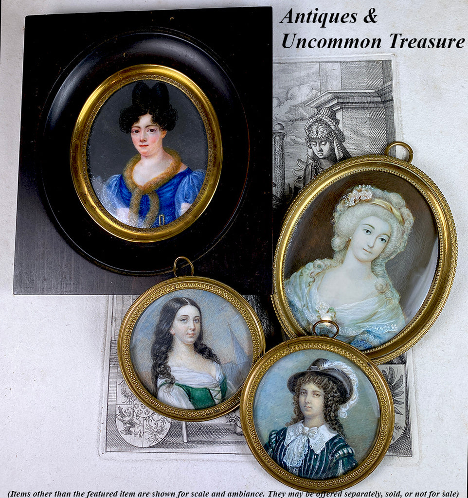 Elegant c.1830s Antique French Portrait Miniature in Frame, Fur Boa, R ...