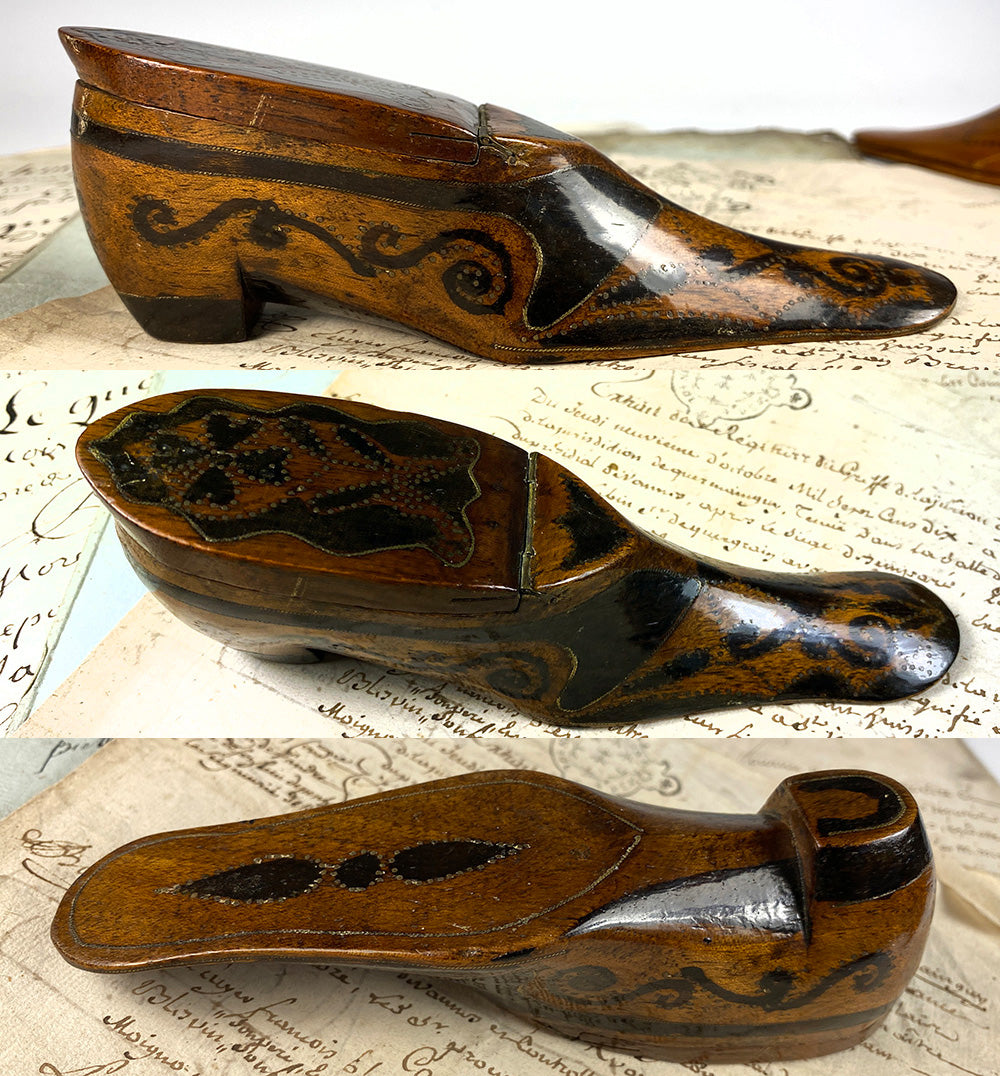 Antique 18th Century French Boot or Shoe Snuff Box, Marquetry & Pique ...