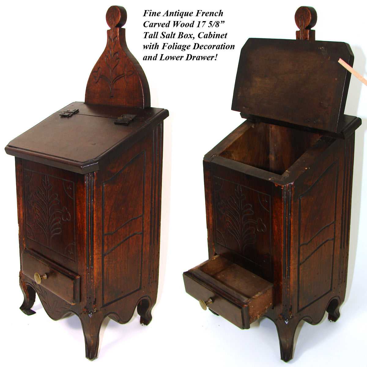 Antique 19th c. French Salt Box, Cabinet, 17 5/8" Tall, Hand Carved Co ...
