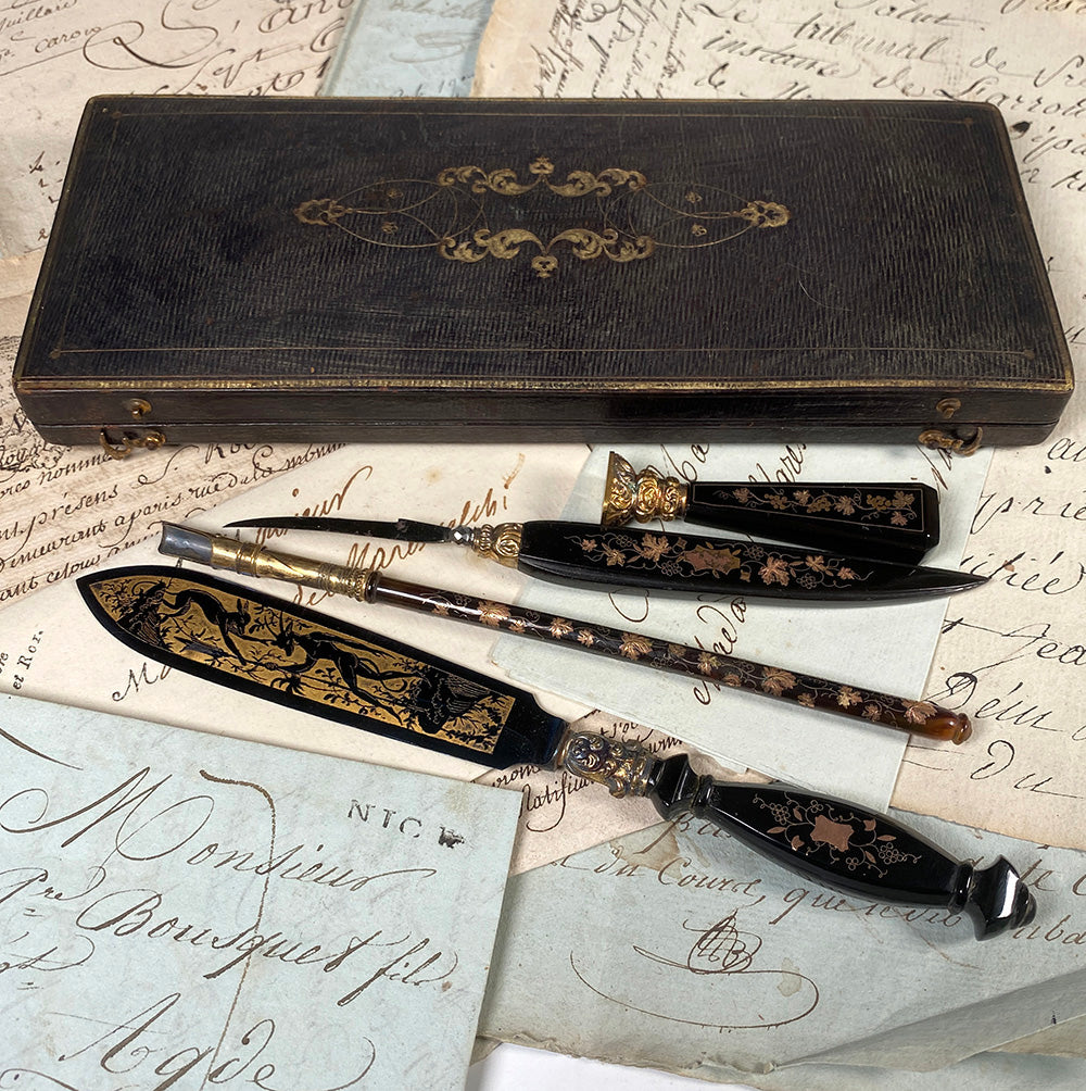 Rare Antique c.1800 French Writer's Set, 18k Gold Pique in Tortoise Sh ...