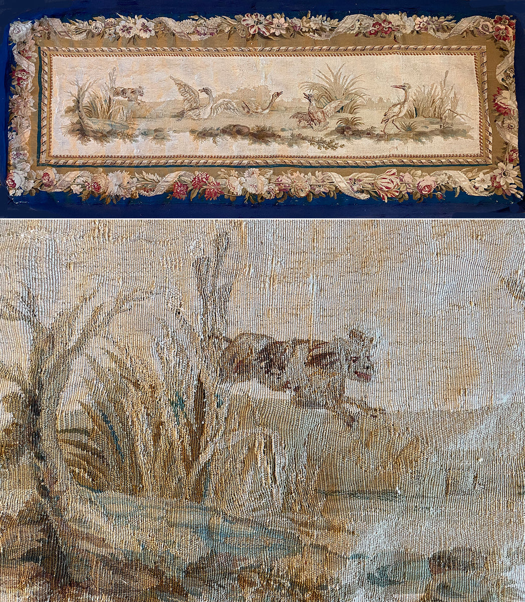 Antique French 65" x 27" Tapestry, Aubusson or Beauvais, Dog and Water ...