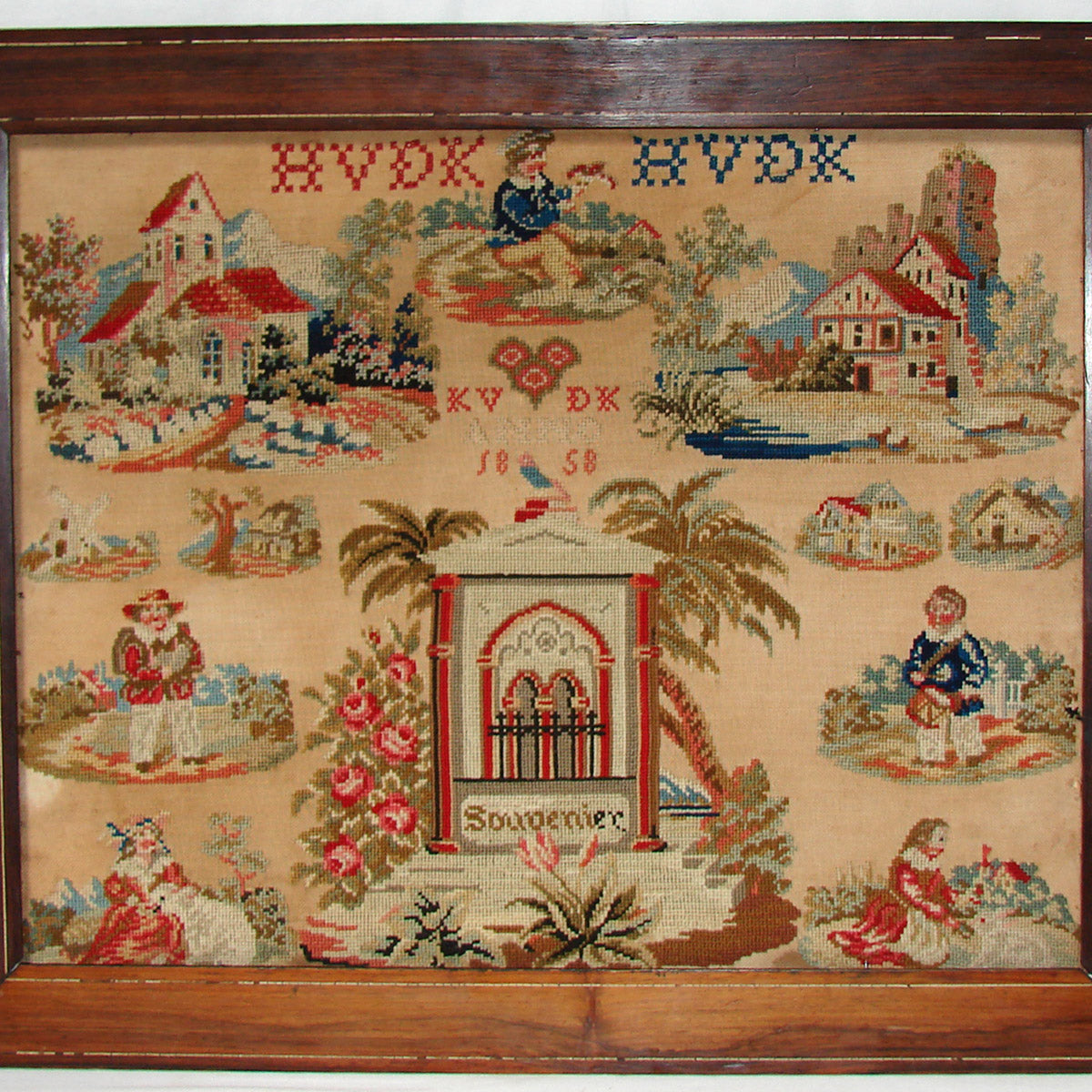 Antique Victorian Needlepoint Tapestry, Sampler, 28.5" Rosewood Frame ...