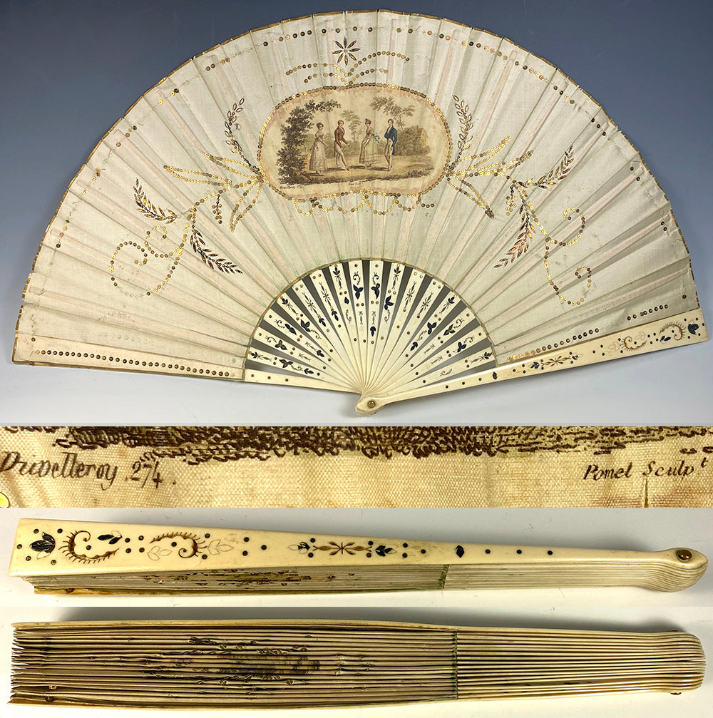 Antique Duvelleroy 28cm French Hand Fan, Empire Revival, Sequins, Carv ...