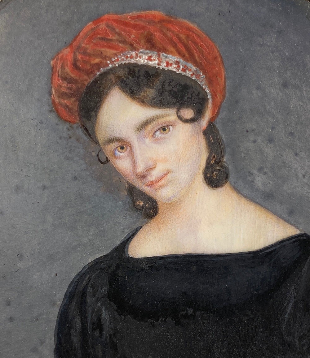 Antique French Portrait Miniature c.1830s Sensuous Dark Beauty in Velv ...