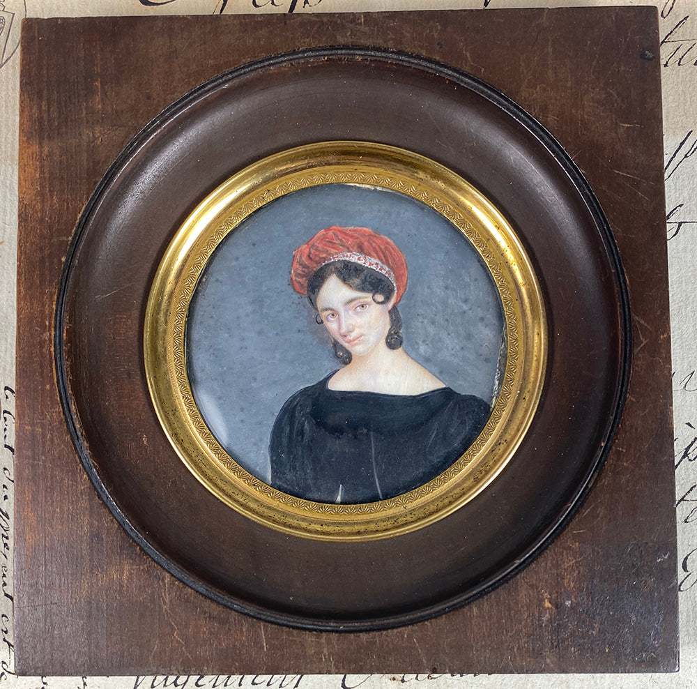 Antique French Portrait Miniature c.1830s Sensuous Dark Beauty in Velv ...