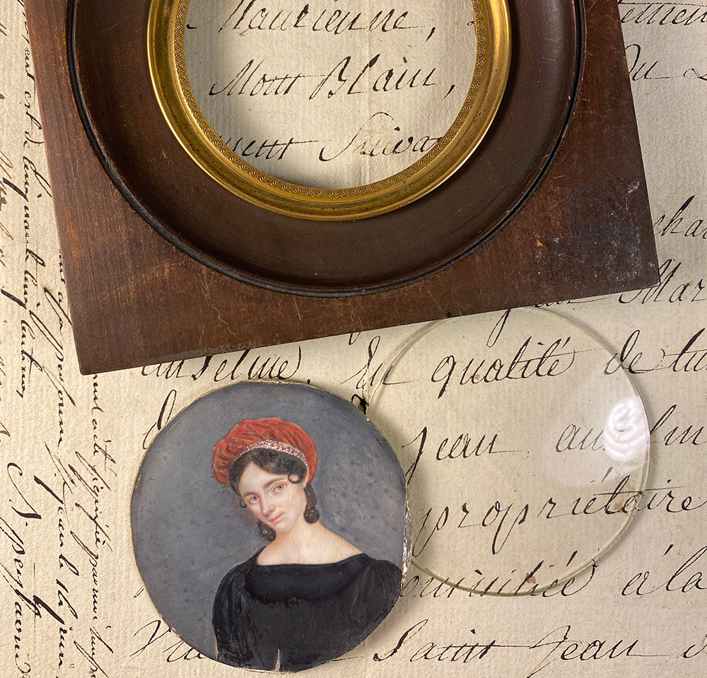 Antique French Portrait Miniature c.1830s Sensuous Dark Beauty in Velv ...