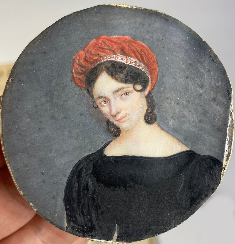 Antique French Portrait Miniature c.1830s Sensuous Dark Beauty in Velv ...