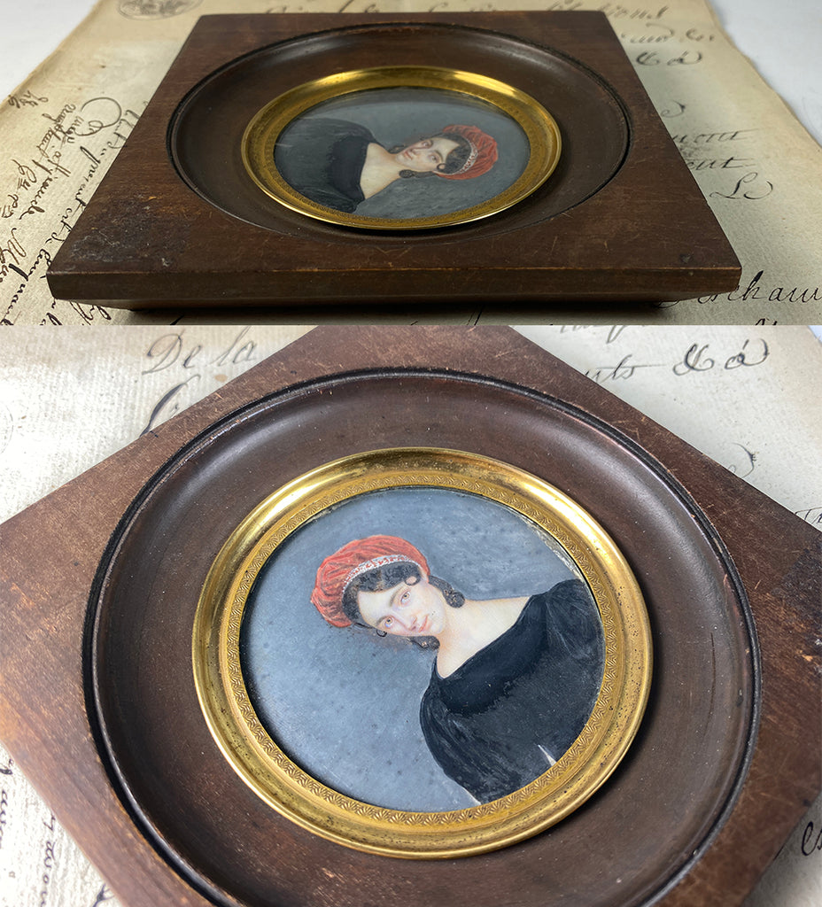 Antique French Portrait Miniature c.1830s Sensuous Dark Beauty in Velv ...