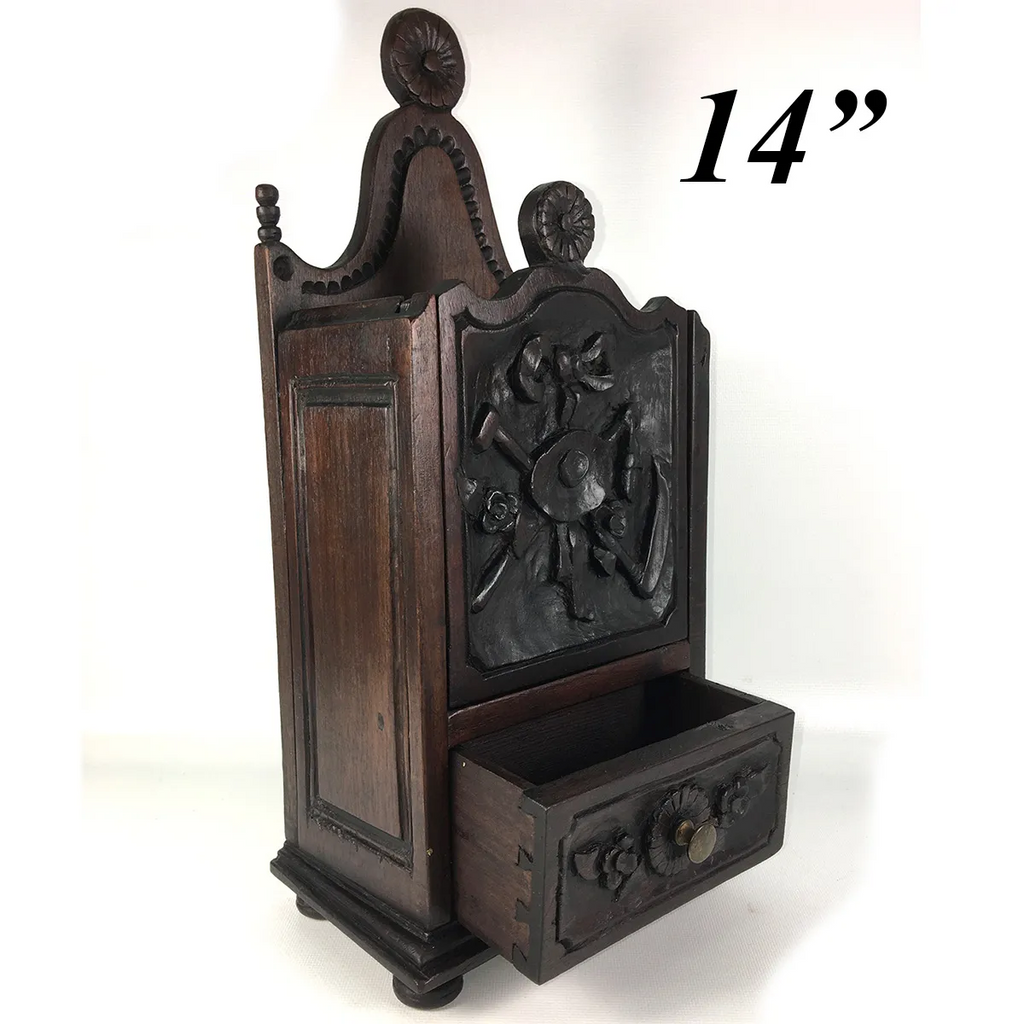 Antique 19th c. French Salt Box, Cabinet, 14" Tall, Hand Carved Countr ...