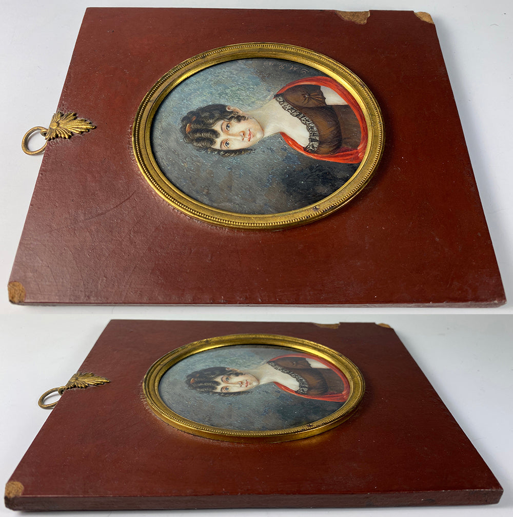 Antique French Woman, Artist Signed c. 1809 Portrait Miniature, Red Sa ...