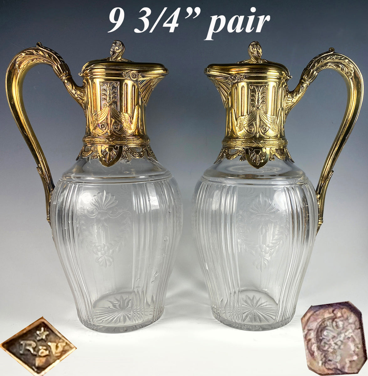 PAIR Superb Antique French Claret Jugs (2) Sterling Silver w 18k Gold ...