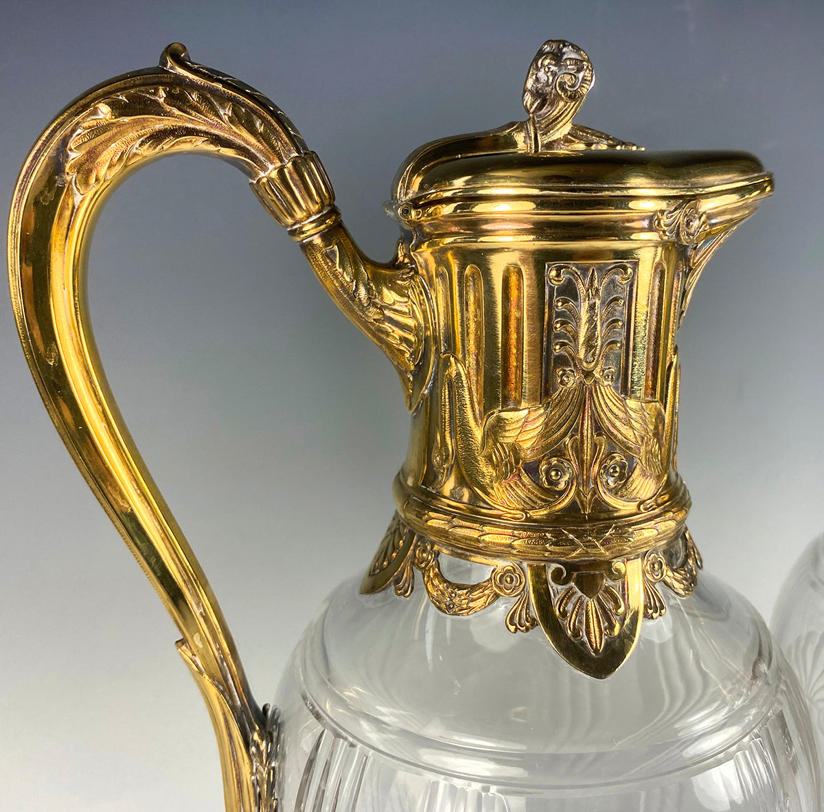 PAIR Superb Antique French Claret Jugs (2) Sterling Silver w 18k Gold ...