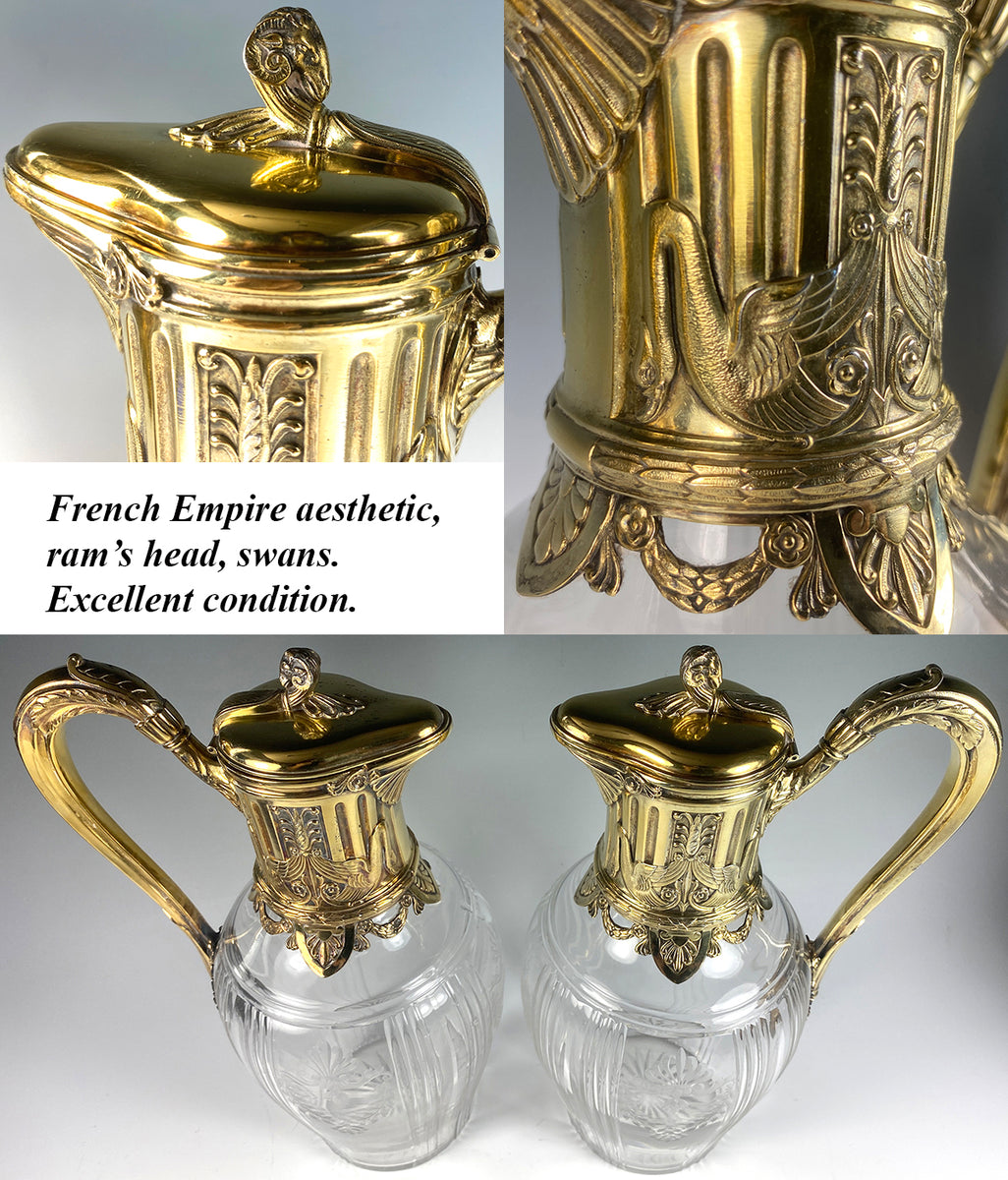 PAIR Superb Antique French Claret Jugs (2) Sterling Silver w 18k Gold ...