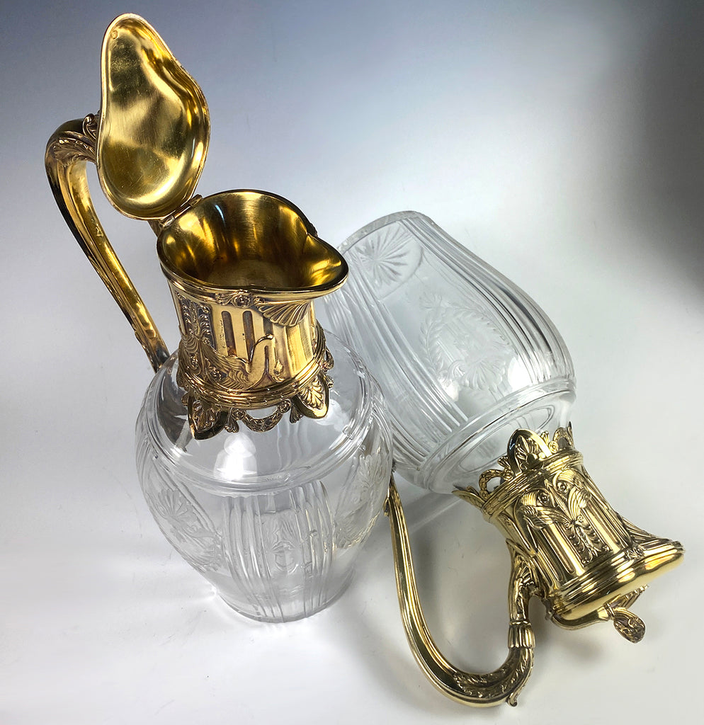PAIR Superb Antique French Claret Jugs (2) Sterling Silver w 18k Gold ...