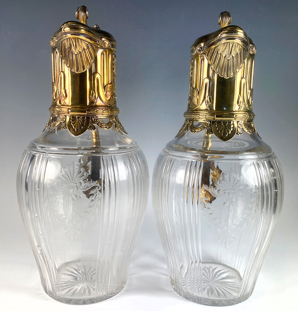PAIR Superb Antique French Claret Jugs (2) Sterling Silver w 18k Gold ...