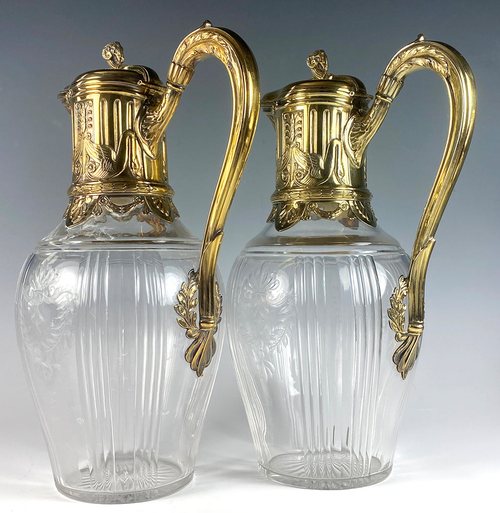 PAIR Superb Antique French Claret Jugs (2) Sterling Silver w 18k Gold ...