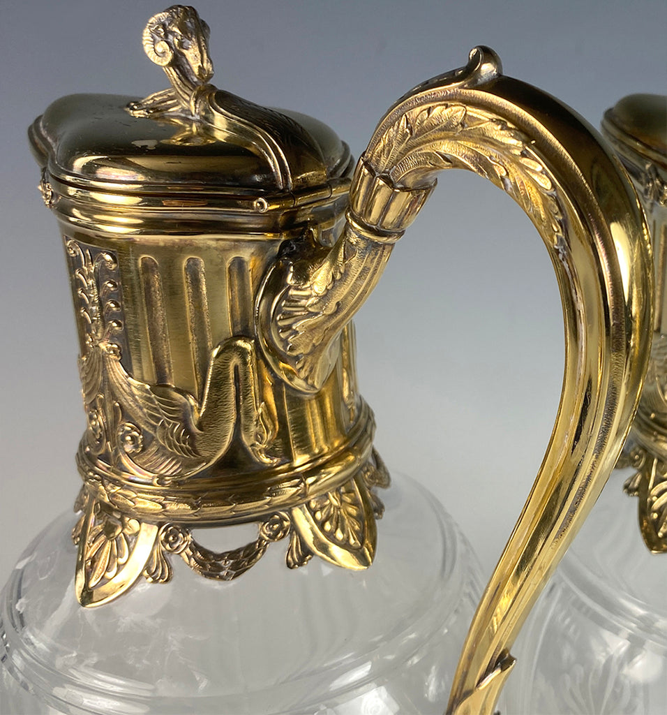 PAIR Superb Antique French Claret Jugs (2) Sterling Silver w 18k Gold ...