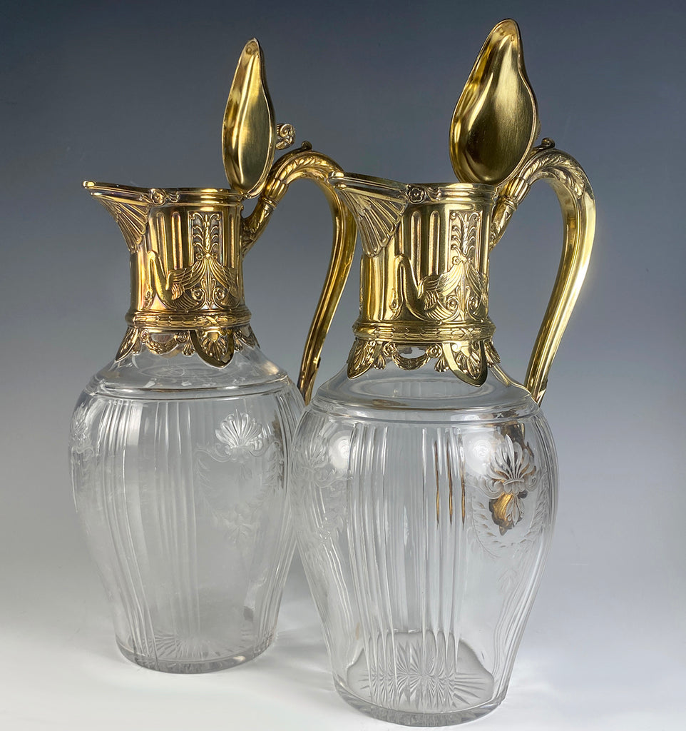 PAIR Superb Antique French Claret Jugs (2) Sterling Silver w 18k Gold ...