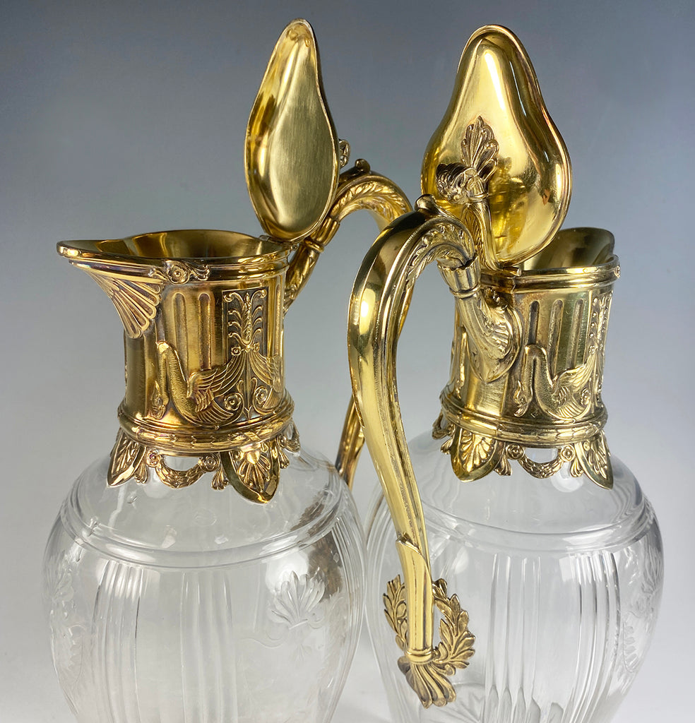 PAIR Superb Antique French Claret Jugs (2) Sterling Silver w 18k Gold ...