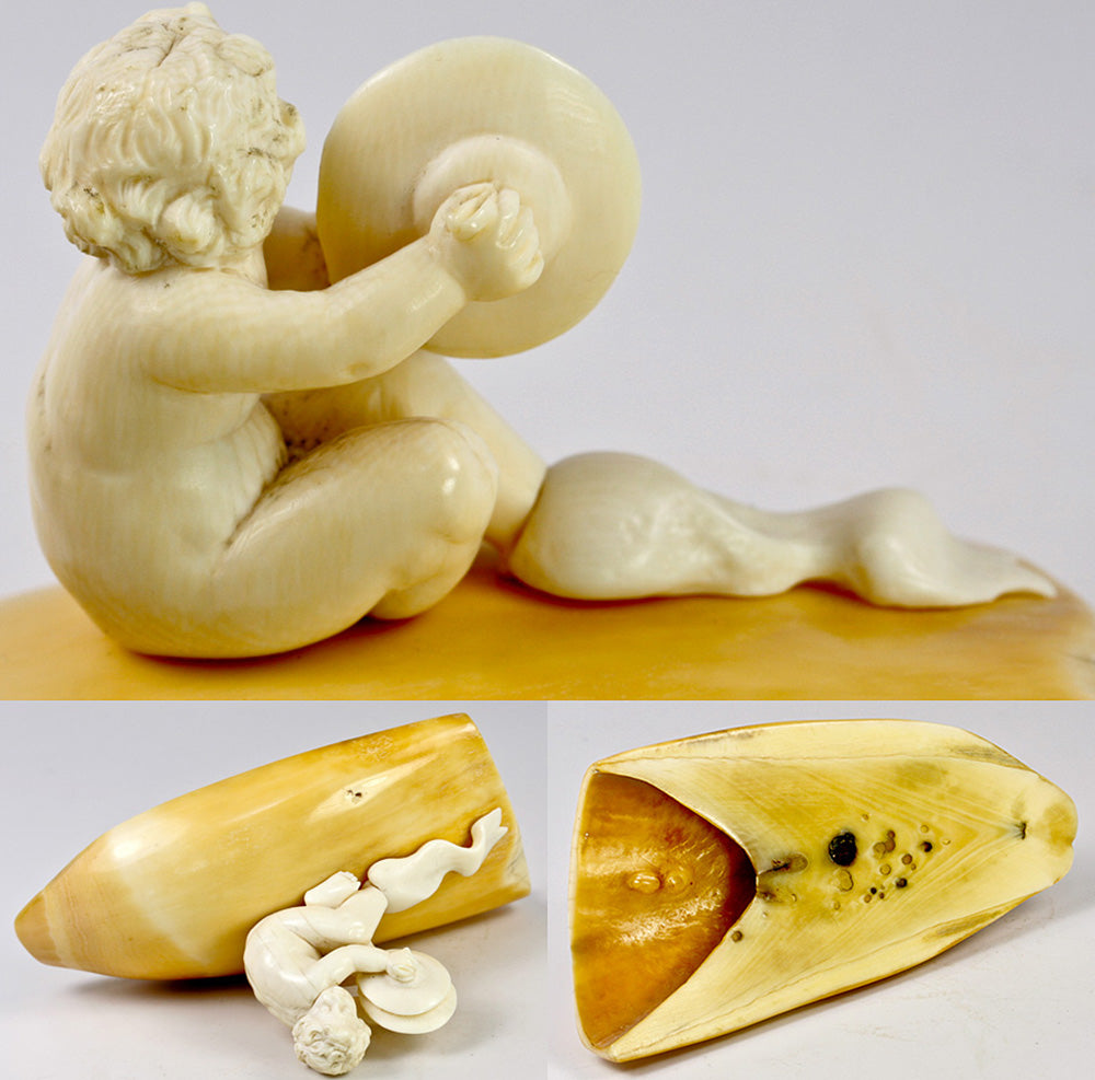 Antique 19th Century Hand Carved Dieppe Ivory Putti Figure with Cymbal ...