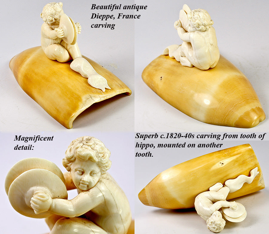 Antique 19th Century Hand Carved Dieppe Ivory Putti Figure with Cymbal ...