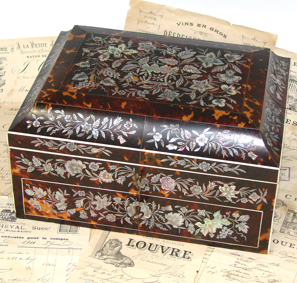 RAREST Museum Victorian 12" Sewing Box and Writer's Slope, Tortoiseshe ...