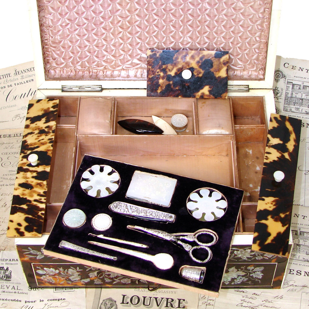 RAREST Museum Victorian 12" Sewing Box and Writer's Slope, Tortoiseshe ...